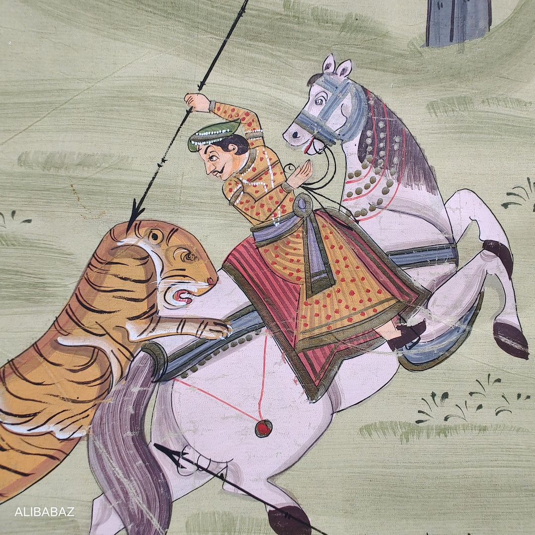 Hand-painted Mughal Tiger Hunt Painting, Vintage Rajasthani Royal Art ...