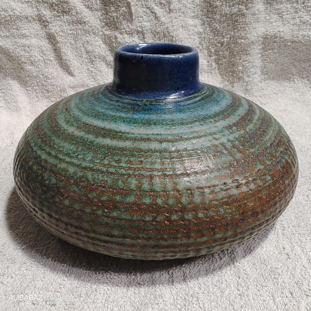 Vintage Studio Pottery Flat Vase | Blue Stoneware Mottled Art Ceramic ...