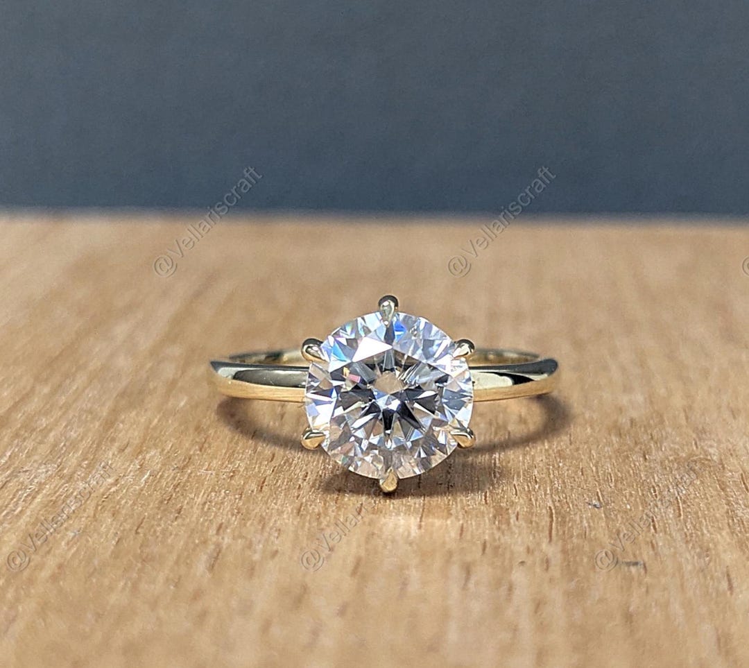 Solid Gold Round Cut Solitaire Moissanite Engagement Ring, 3CT ...