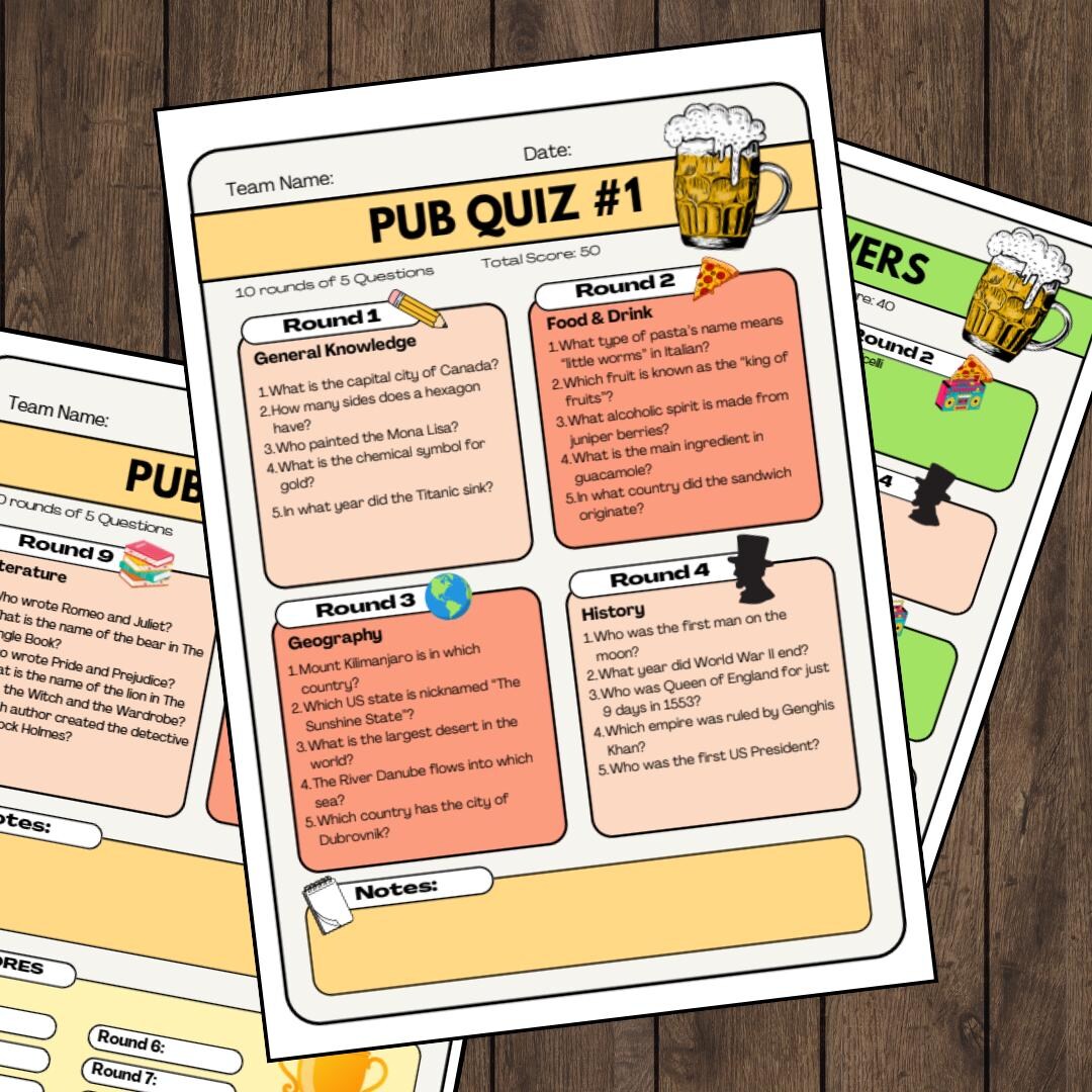 Printable Pub Quiz | 10 Rounds, 50 Questions | Digital Trivia Game With ...
