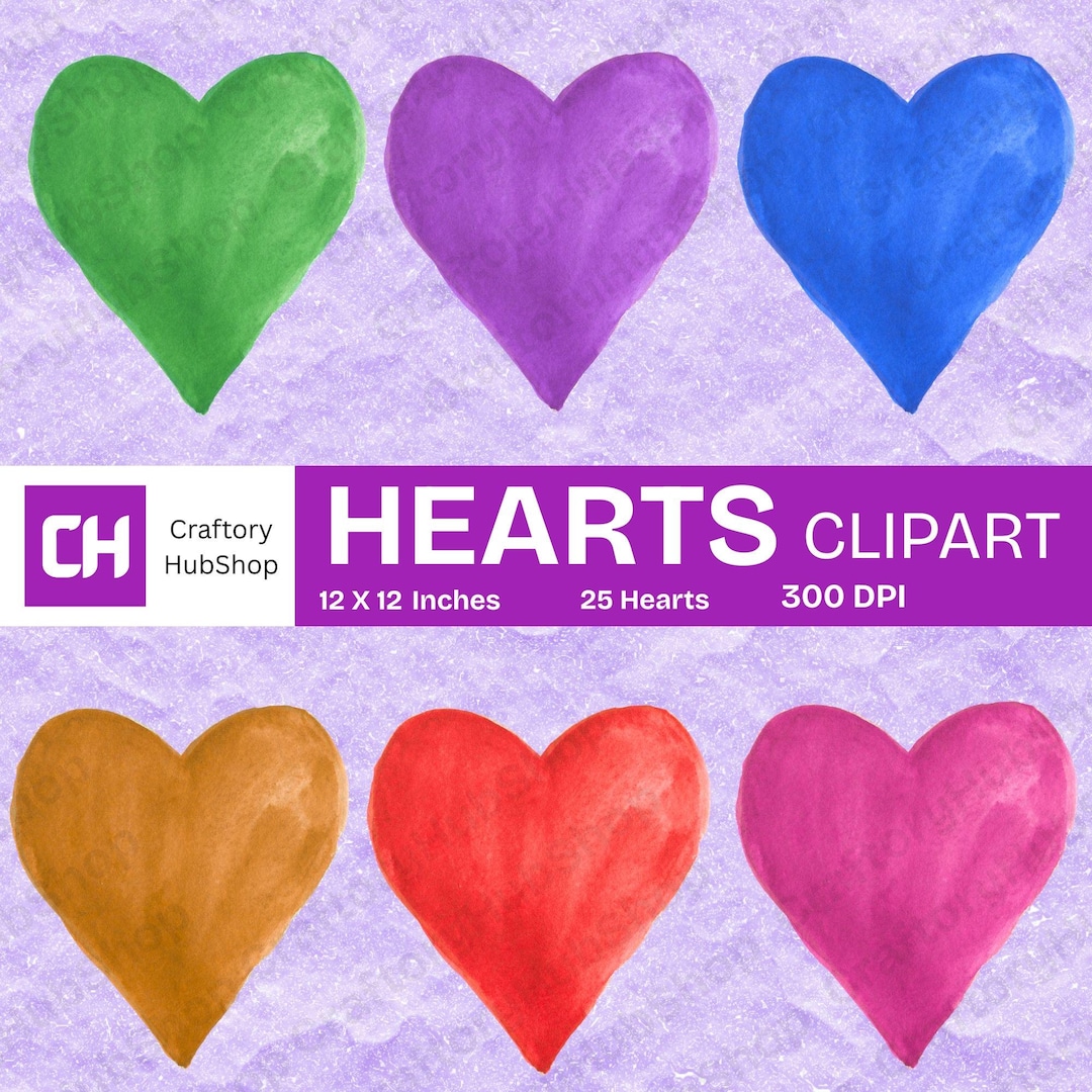 25 Multicolor Hearts Watercolor Clipart PNG, Printable Love ...