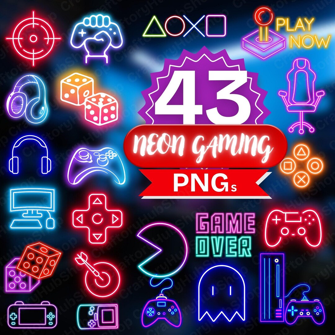 43 Neon Gaming Elements PNG Clipart Bundle Gamer Icons Printable ...