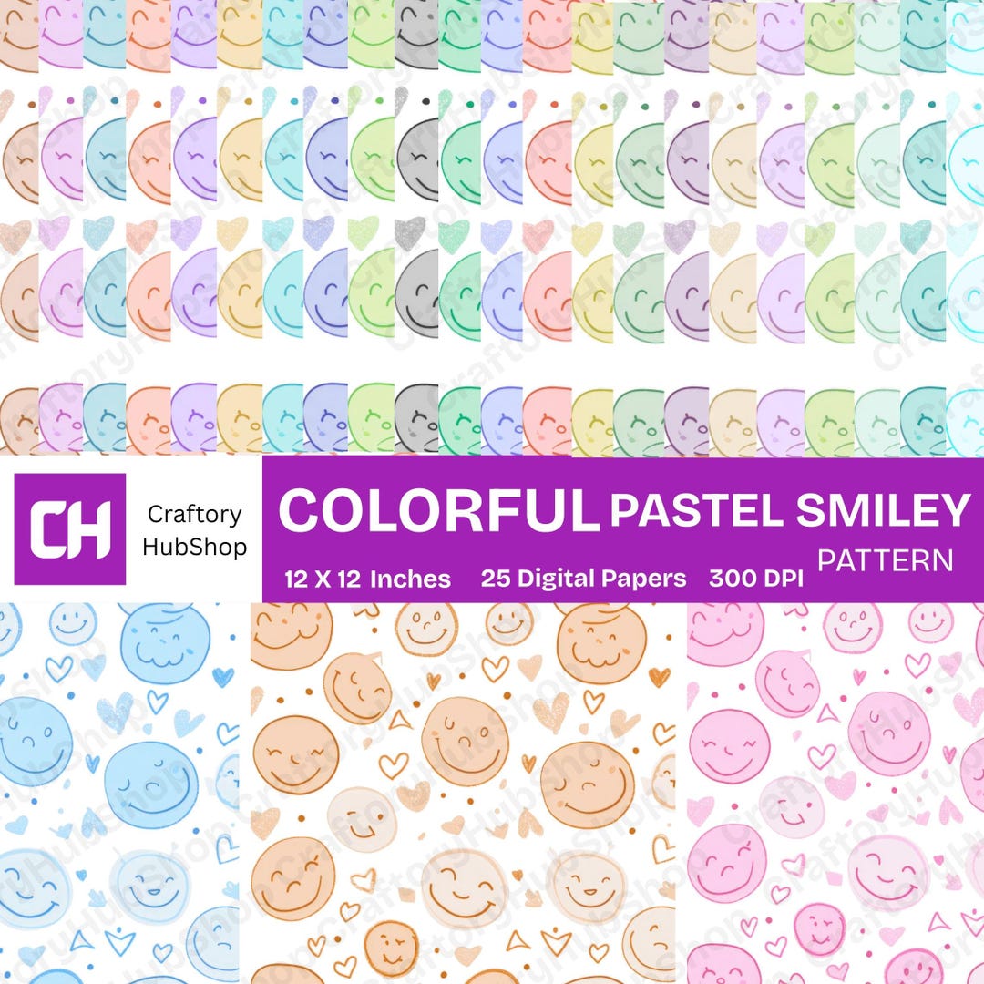 25 Pastel Smiley Digital Paper, Printable Cute Background for Crafts ...