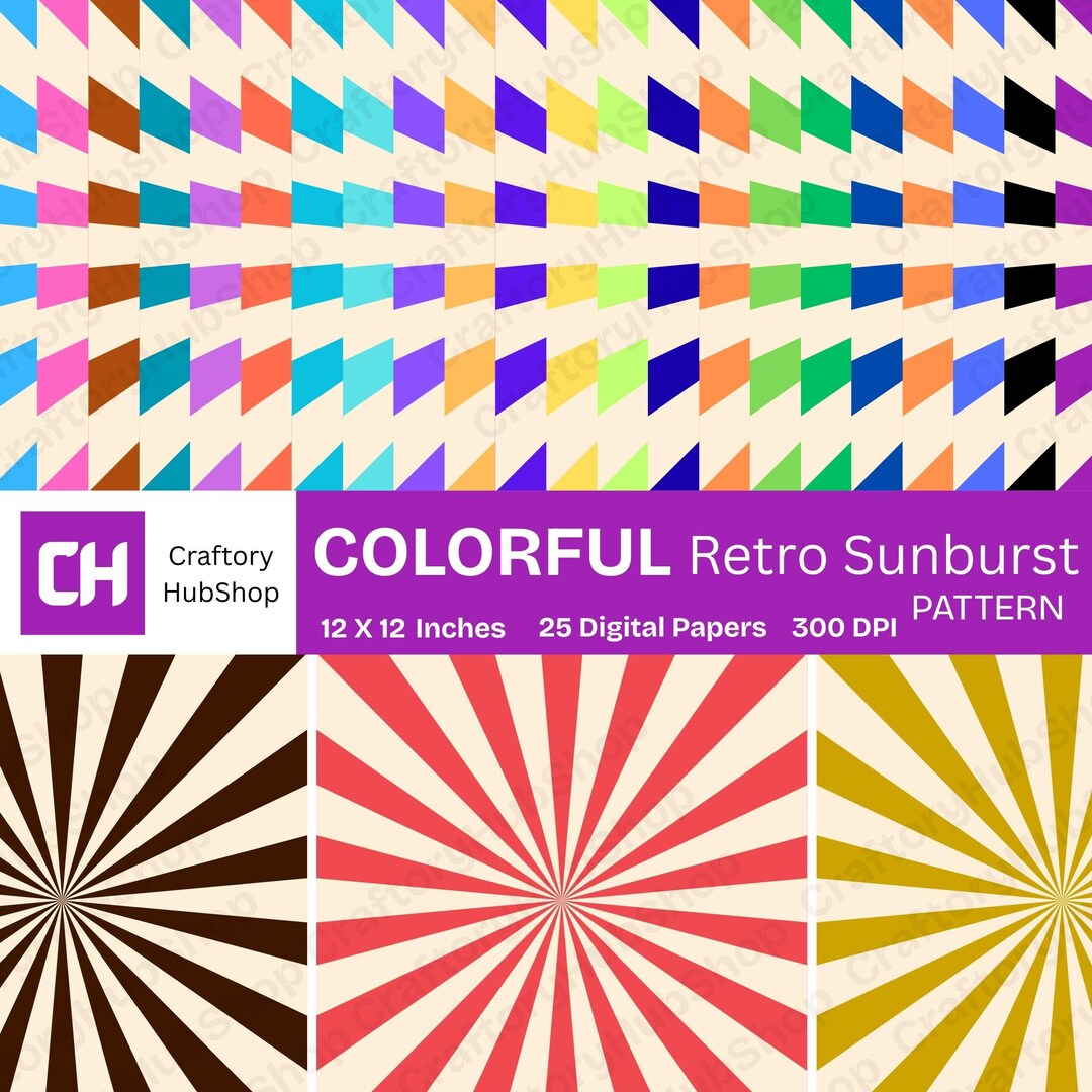 25 Sunburst Digital Paper, Sunburst Background Printables, 12x12 Retro ...