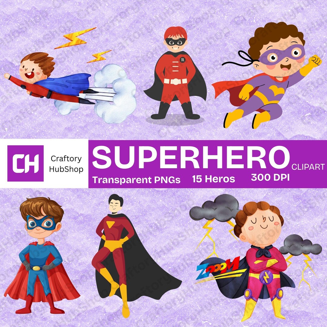 15 Superhero Watercolor Clipart Playful Hero Png Clipart Comic Cartoon ...