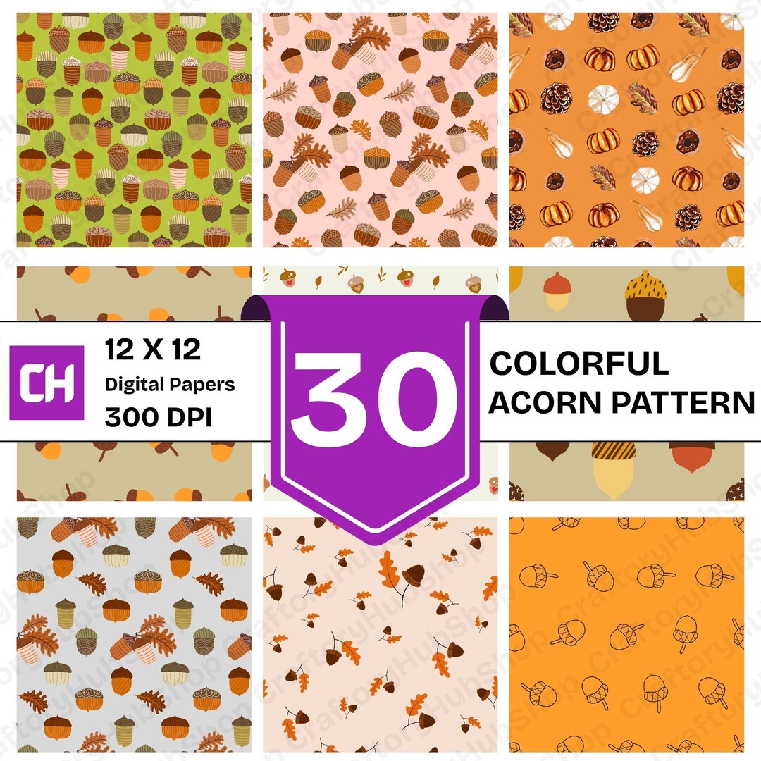 Acorn Patterns Digital Paper Bundle Seamless Autumn Prints 300 DPI High ...