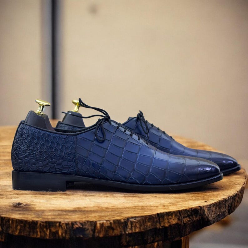 Bespoke Pure Handmade Blue Alligator Texture Shoes | Designer Whole Cut ...