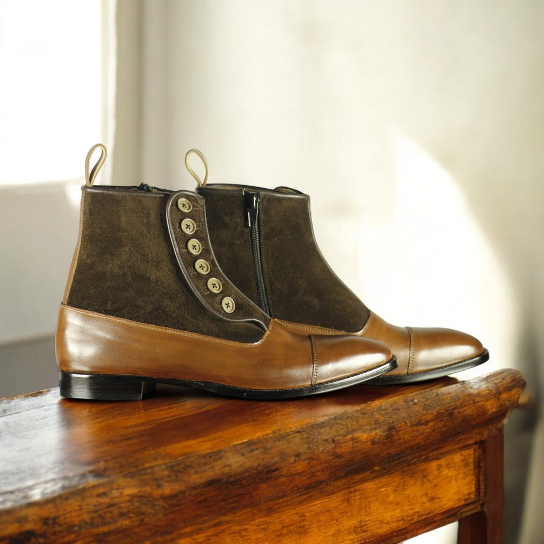 Handmade Men's Button Top Cap Toe Boots | Brown Leather Suede Boot ...