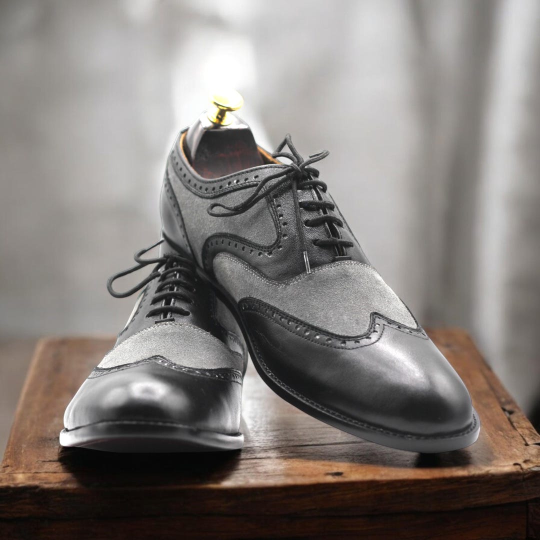 Bespoke Handmade Black Grey Wing Tip Shoes | Elegant Men's Dress ...