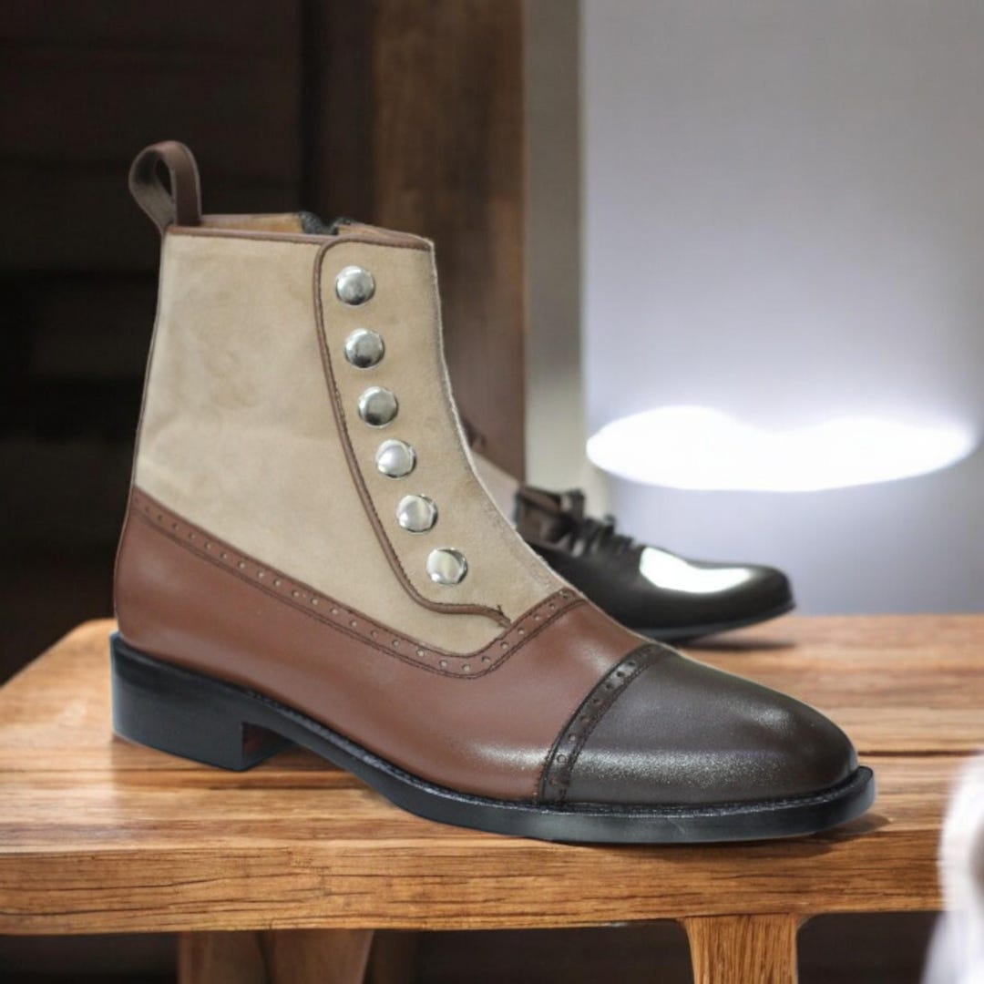 New Men's Handmade Brown Two Tone Boot | Leather Suede Button Boot ...