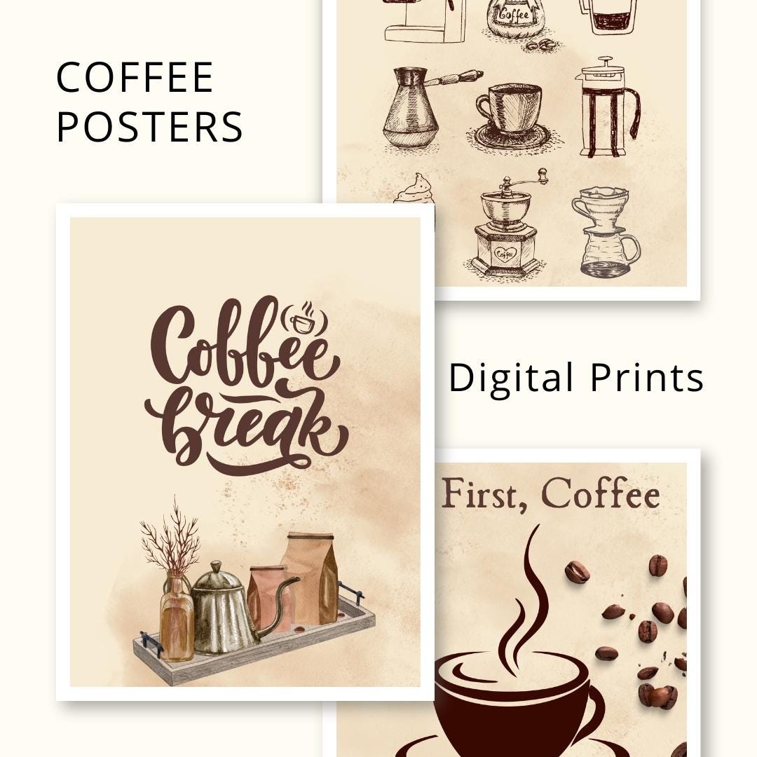 Coffee Poster Set | Vintage Café Wall Art | Kitchen & Coffee Bar Decor ...