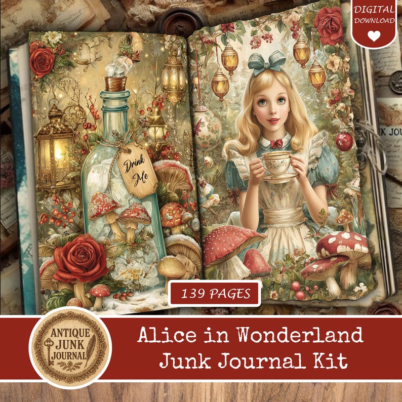 Junk Journal Alice in Wonderland, Alice in Wonderland Junk Journal Kit ...