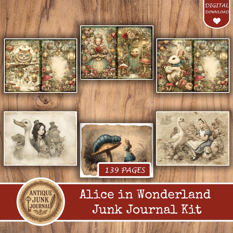 Junk Journal Alice in Wonderland, Alice in Wonderland Junk Journal Kit ...