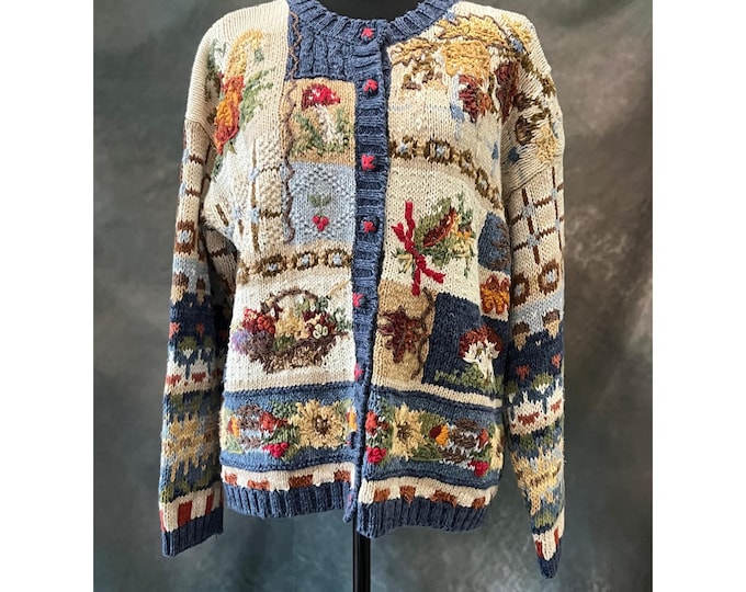 Vintage 90's Cottagecore Knit Cardigan Floral Mushroom Patchwork ...
