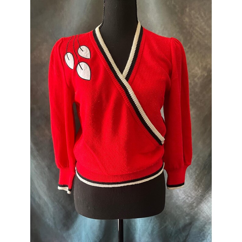 Vintage Laura by Alyzia Red Wrap Sweater Petal Applique Black White ...