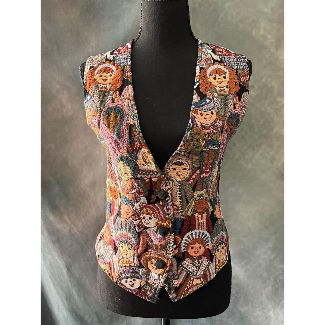Facets 90S Vintage Tapestry Vest Faces Pattern Button Down Tie Back ...