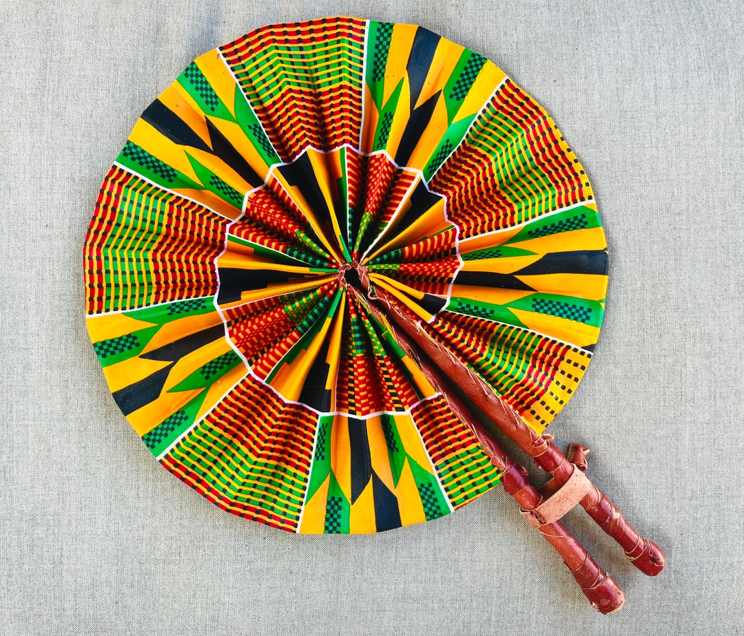 Blue African Hand Fan, Fanankara Print, African Print Fans With Leather ...