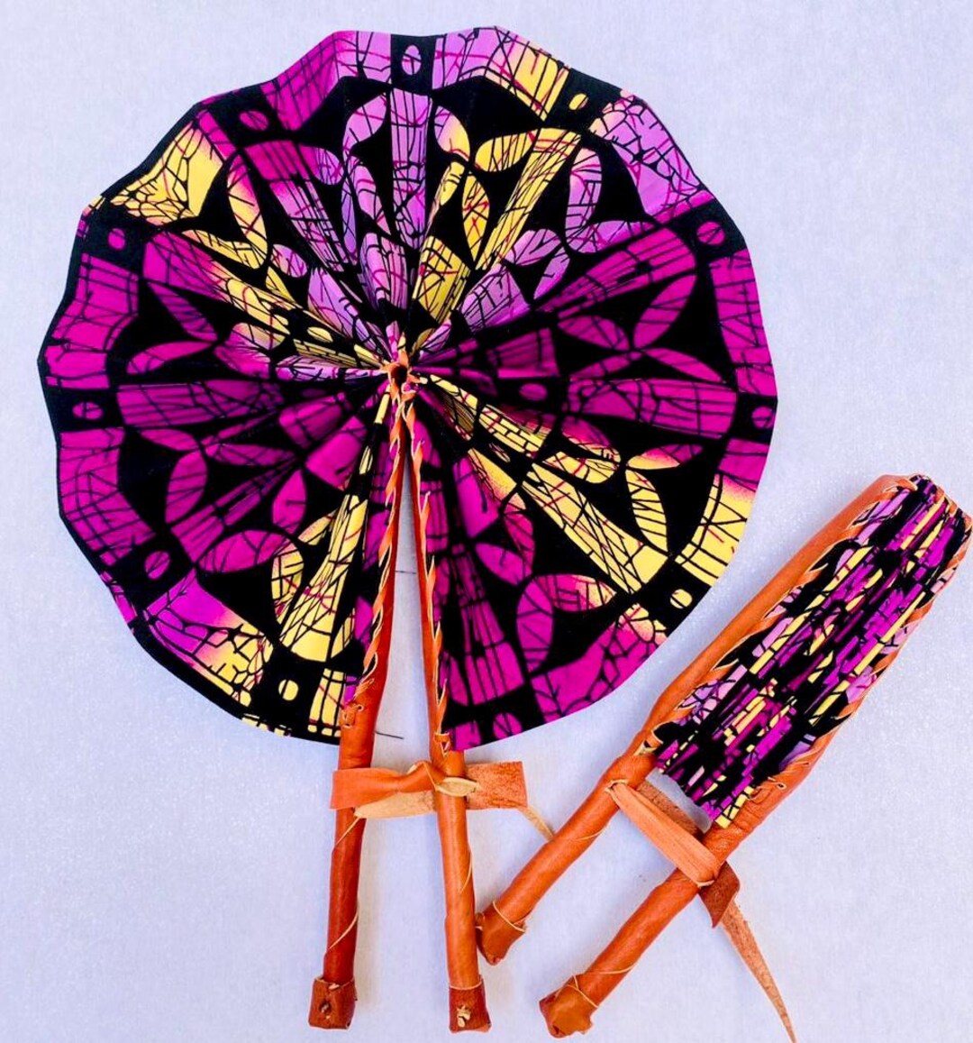 African Hand Fan, Fan Ankara Print, African Print Fans With Leather ...