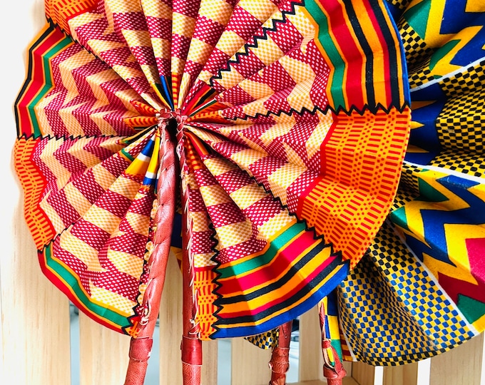 African Kente Print Fabric Handmade and Leather Folding Fan - Etsy