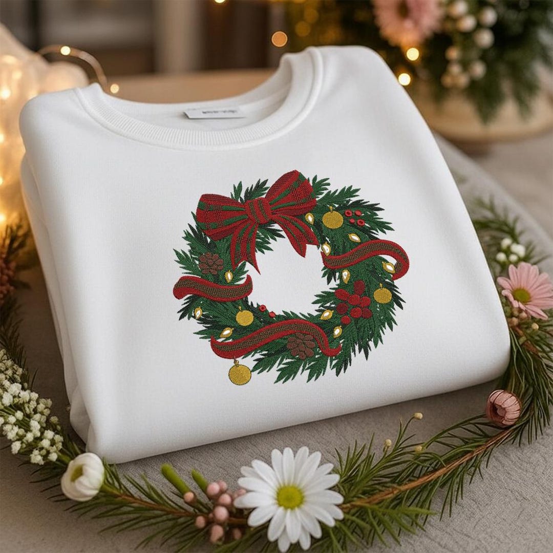 Christmas Wreath Embroidery Design, Festive Holiday Laurel With Bow ...