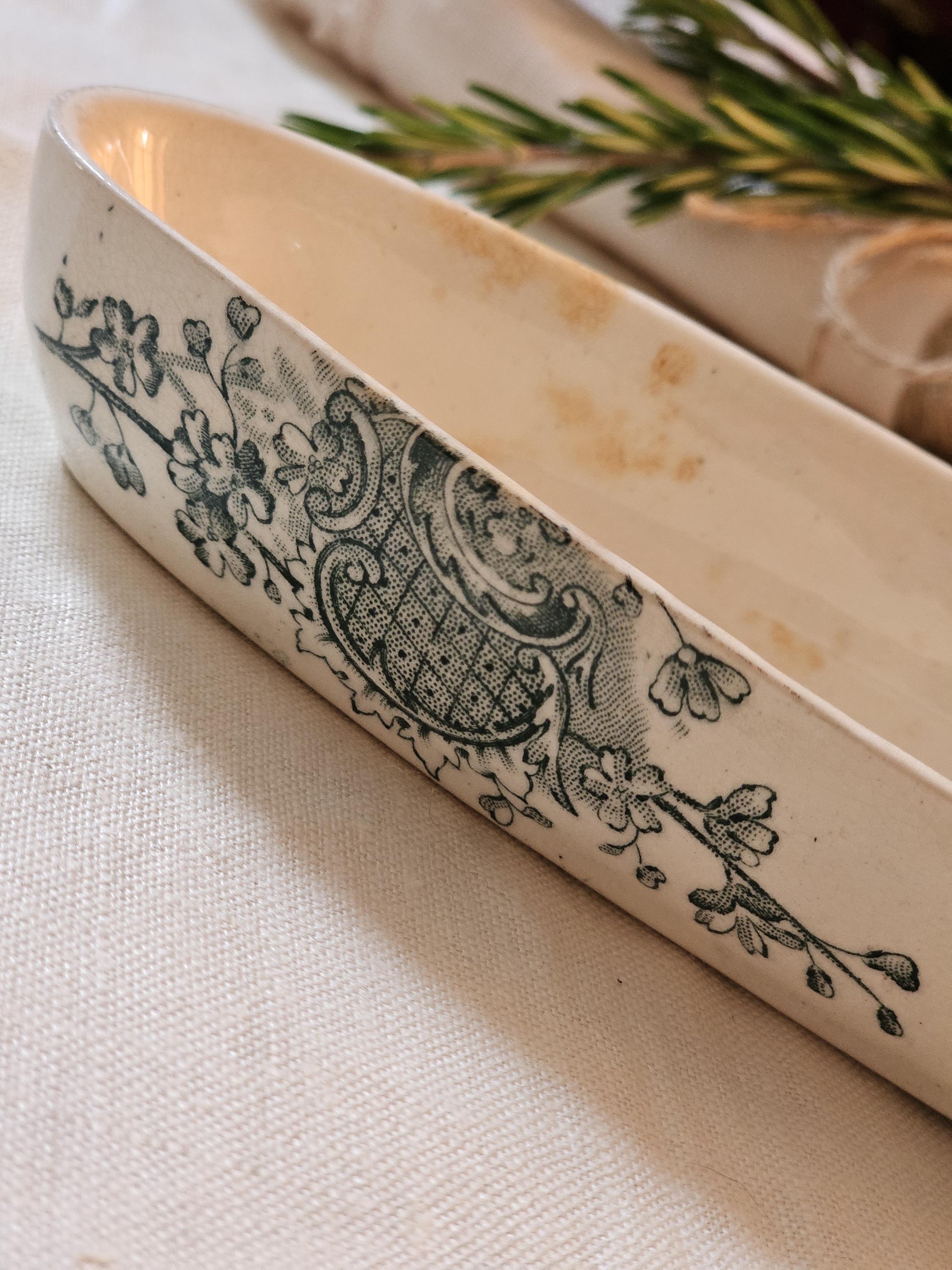 Victorian Green Transferware Vegetable Dish: Antique English Tureen C ...