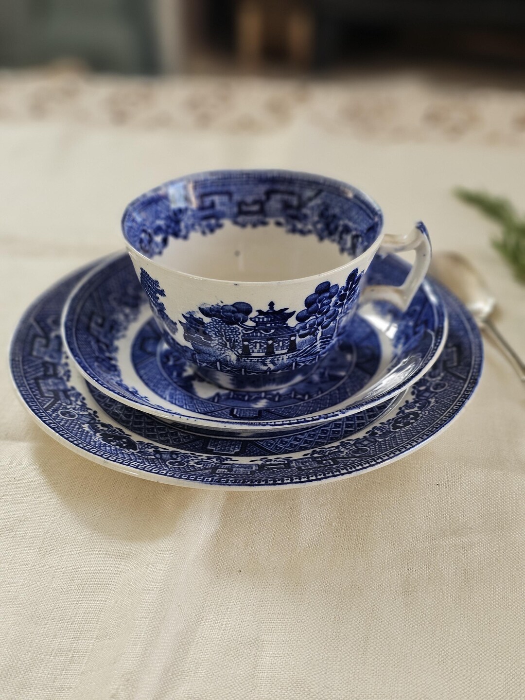 Vintage Willow Pattern Tea Trio: English Ironstone Cup, Saucer, Plate ...