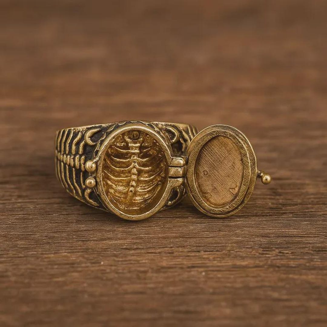 Antique Gold Poison Ring • Skeleton Ribcage Locket Ring • Gothic Secret ...