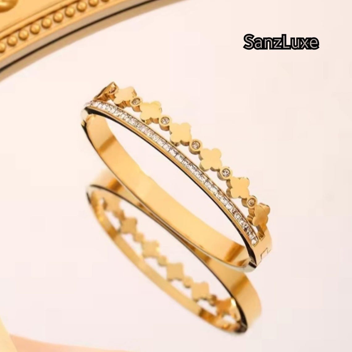 Clover Bangle With Crystals | 18K Gold Plated Stainless Steel Bangle ...