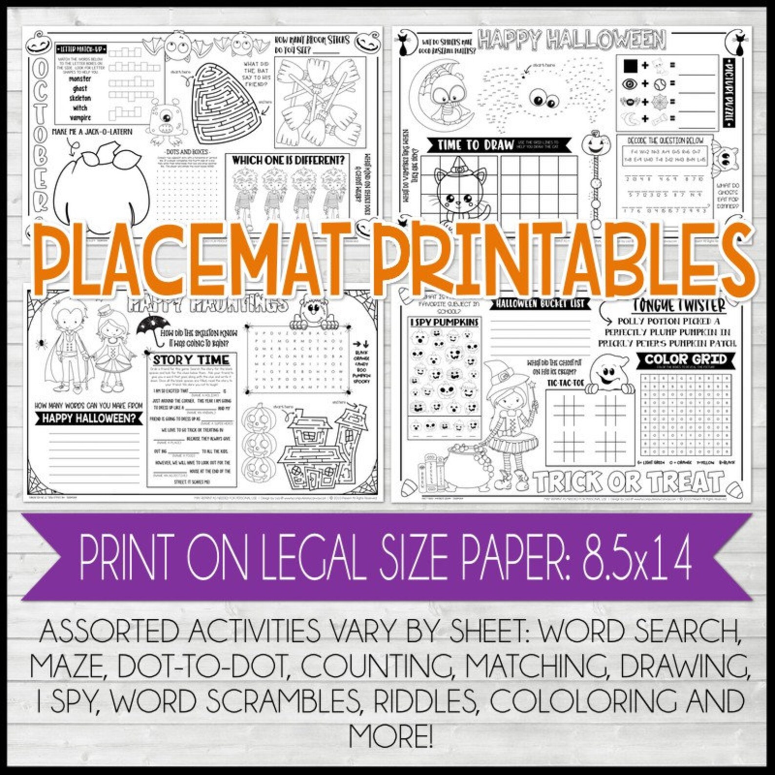 Placemat Activity Sheets {HALLOWEEN} PRINTABLE | Interactive Coloring ...