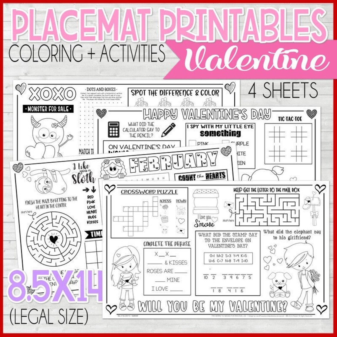Placemat Activity Sheets {VALENTINE} PRINTABLE | Interactive Coloring ...