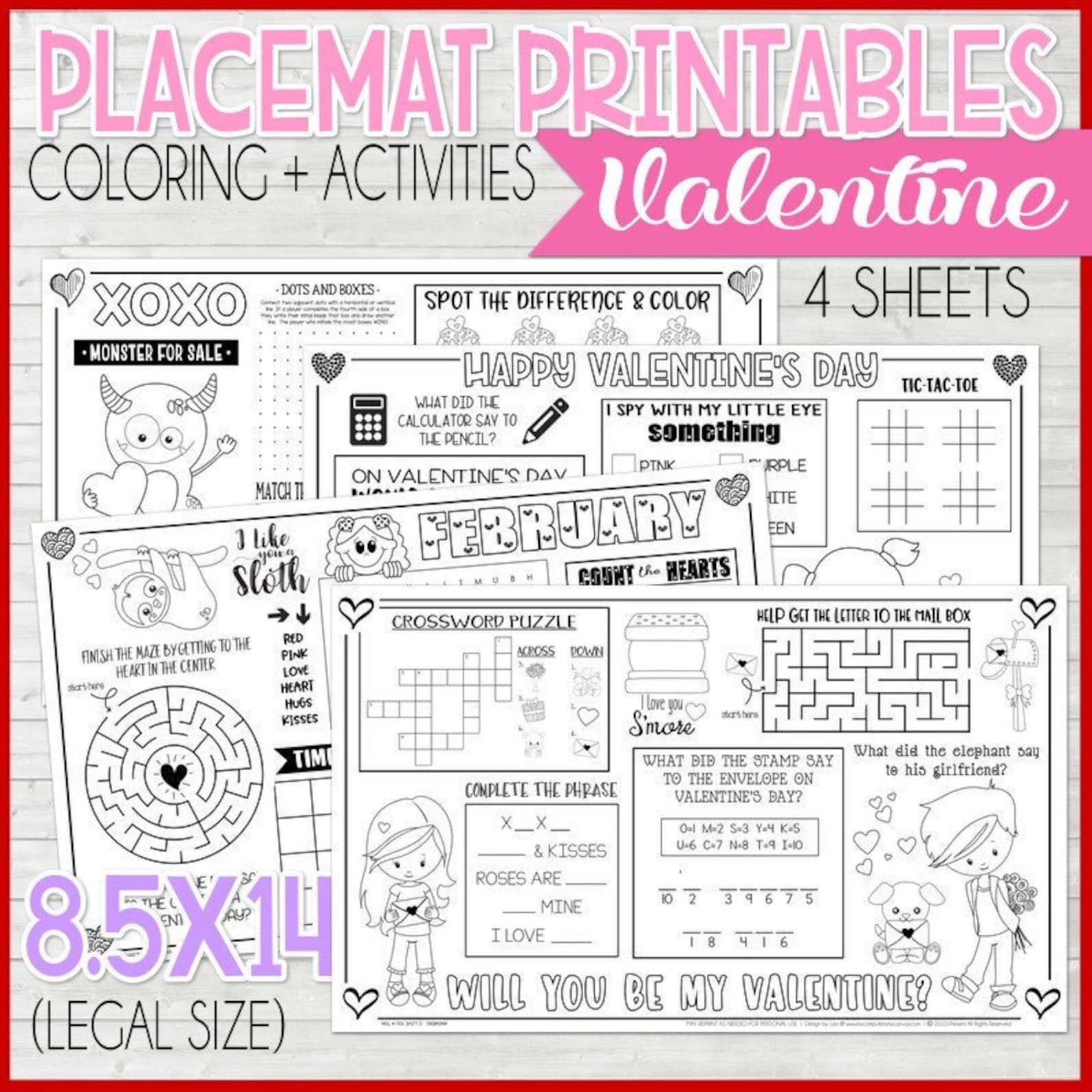 Placemat Activity Sheets {VALENTINE} PRINTABLE | Interactive Coloring ...