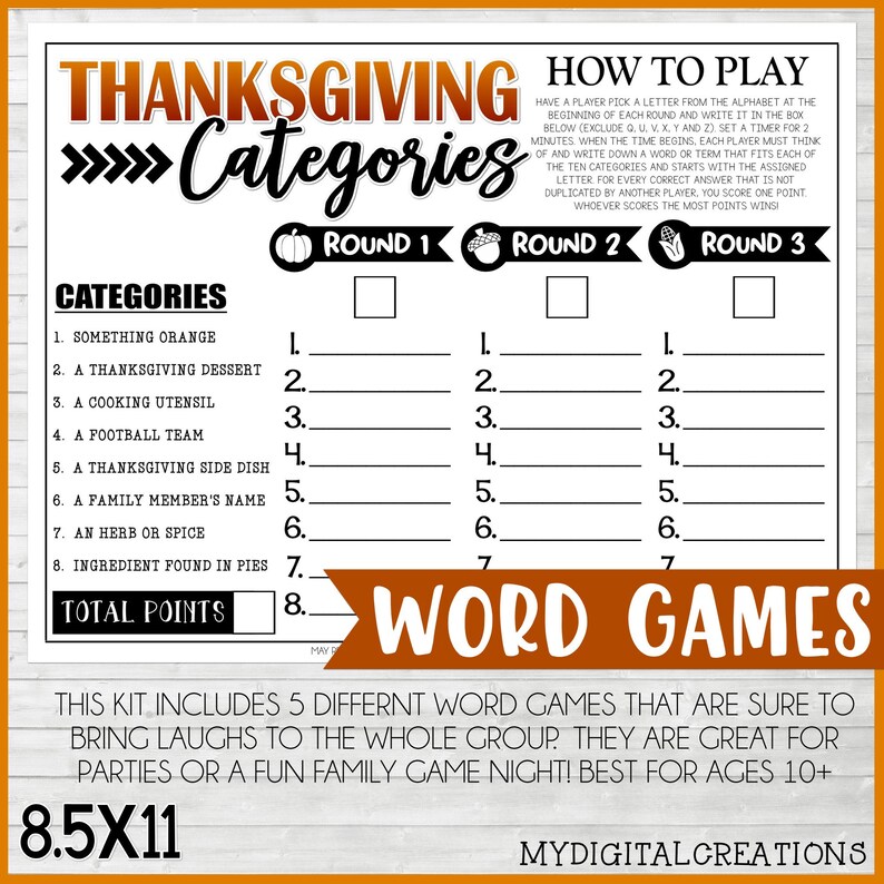 THANKSGIVING GAME BUNDLE - Thanksgivng Printables, Party, Family Game ...