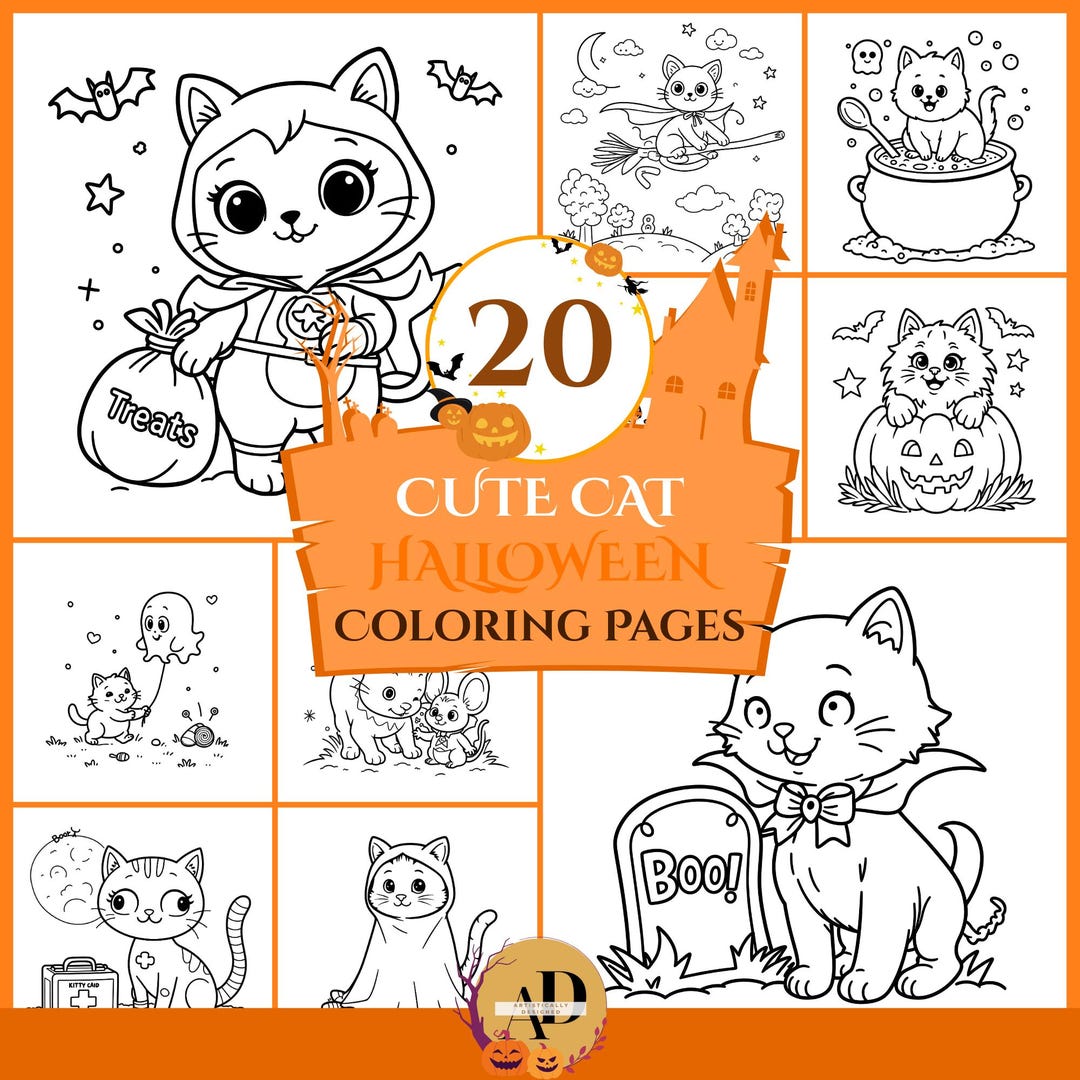 Halloween Cats Coloring Pages for Kids: Printable Art (digital Download ...