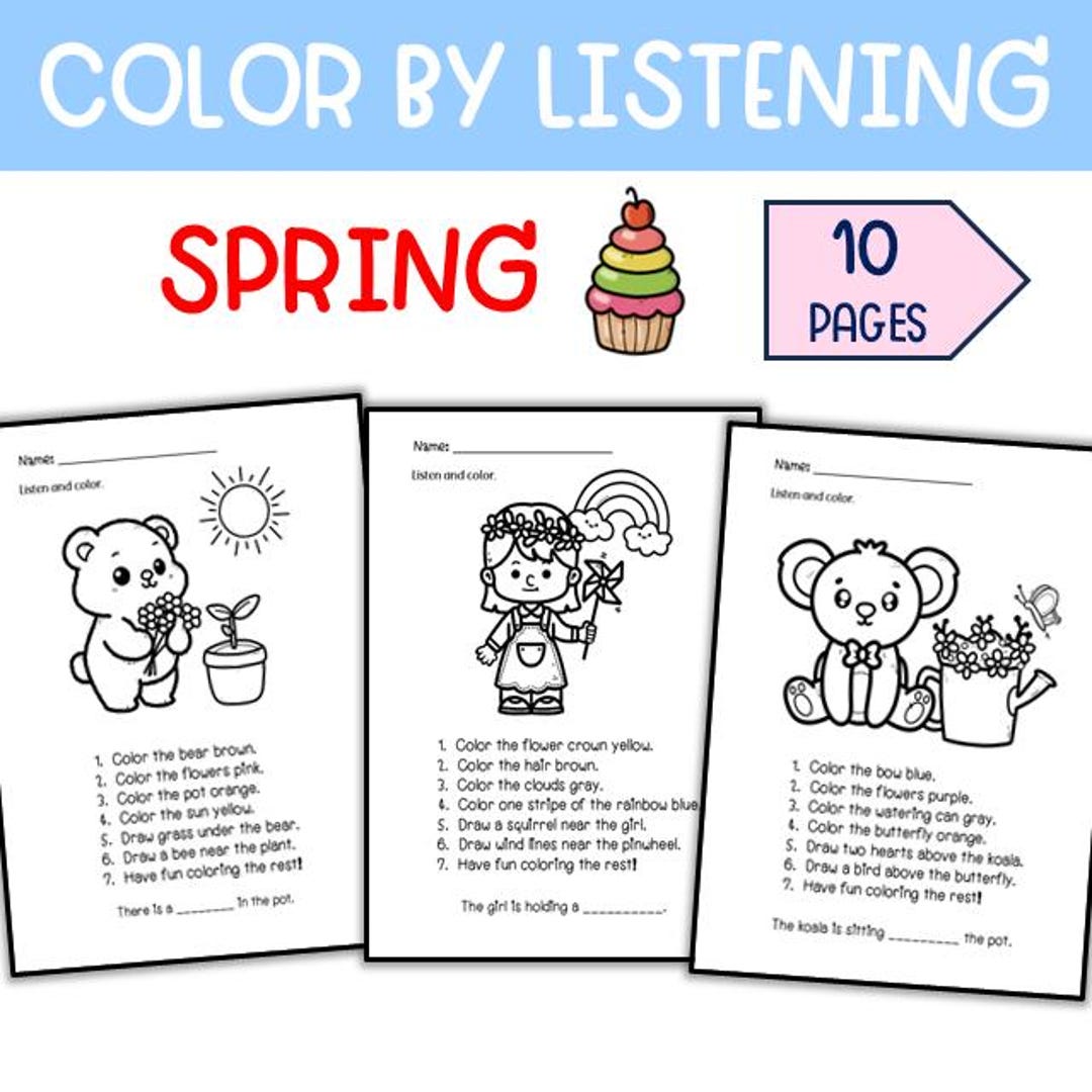 Spring Color by Listening Worksheets | Following Directions Activity ...