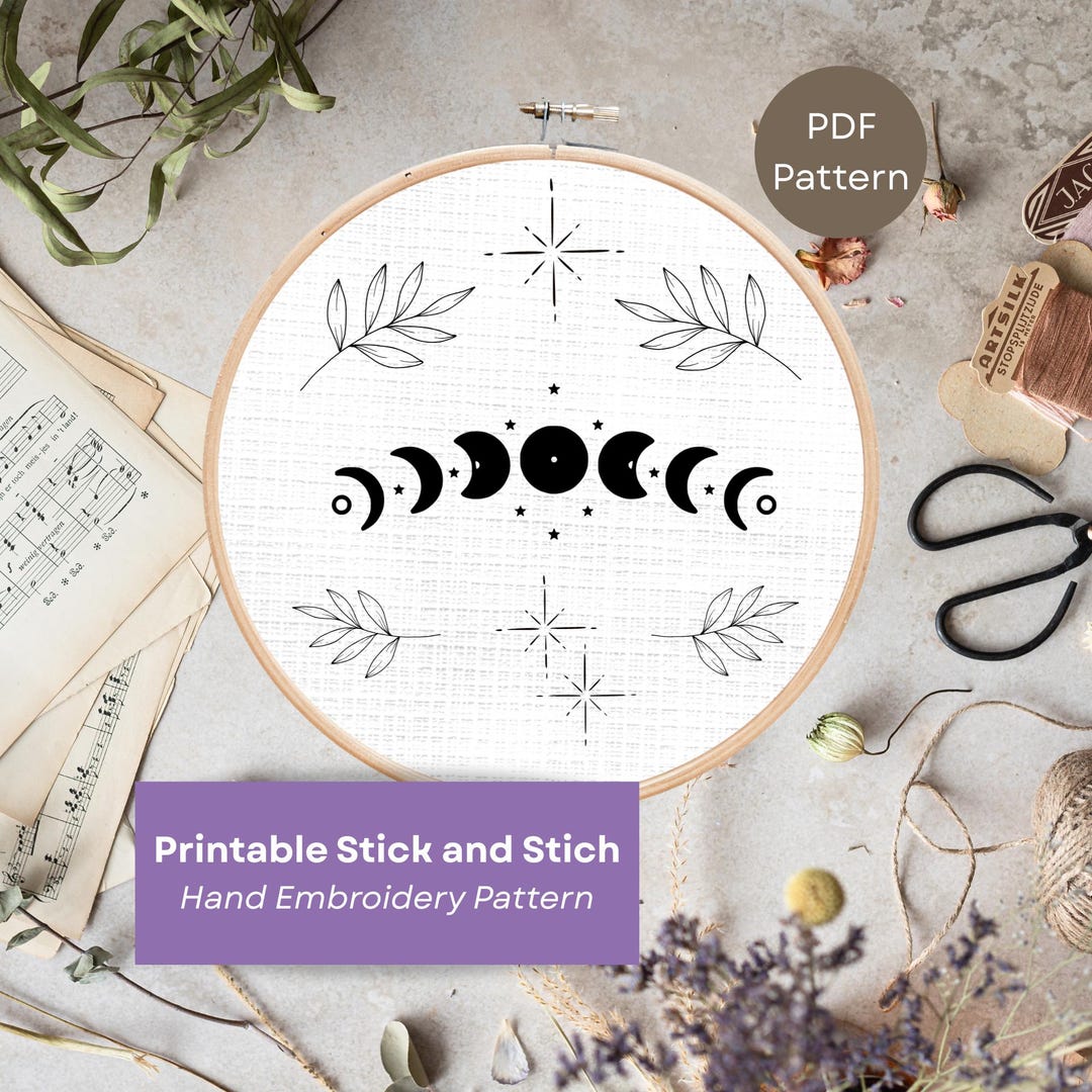 Moon Phases Hand Embroidery Pattern: Stick and Stitch DIY (PDF ...