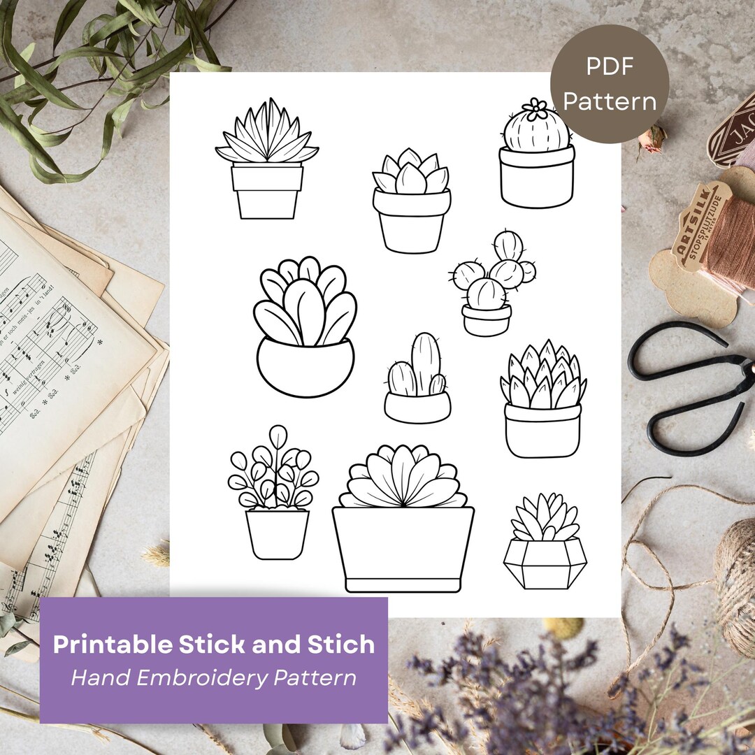 Succulent Embroidery Patterns: Printable Stick and Stitch Designs (PDF ...