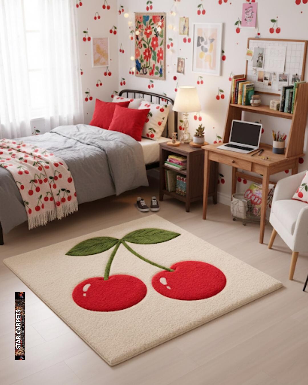Large Cherry Tufted Area Rug - Cream & Red Fruit Decor - Etsy