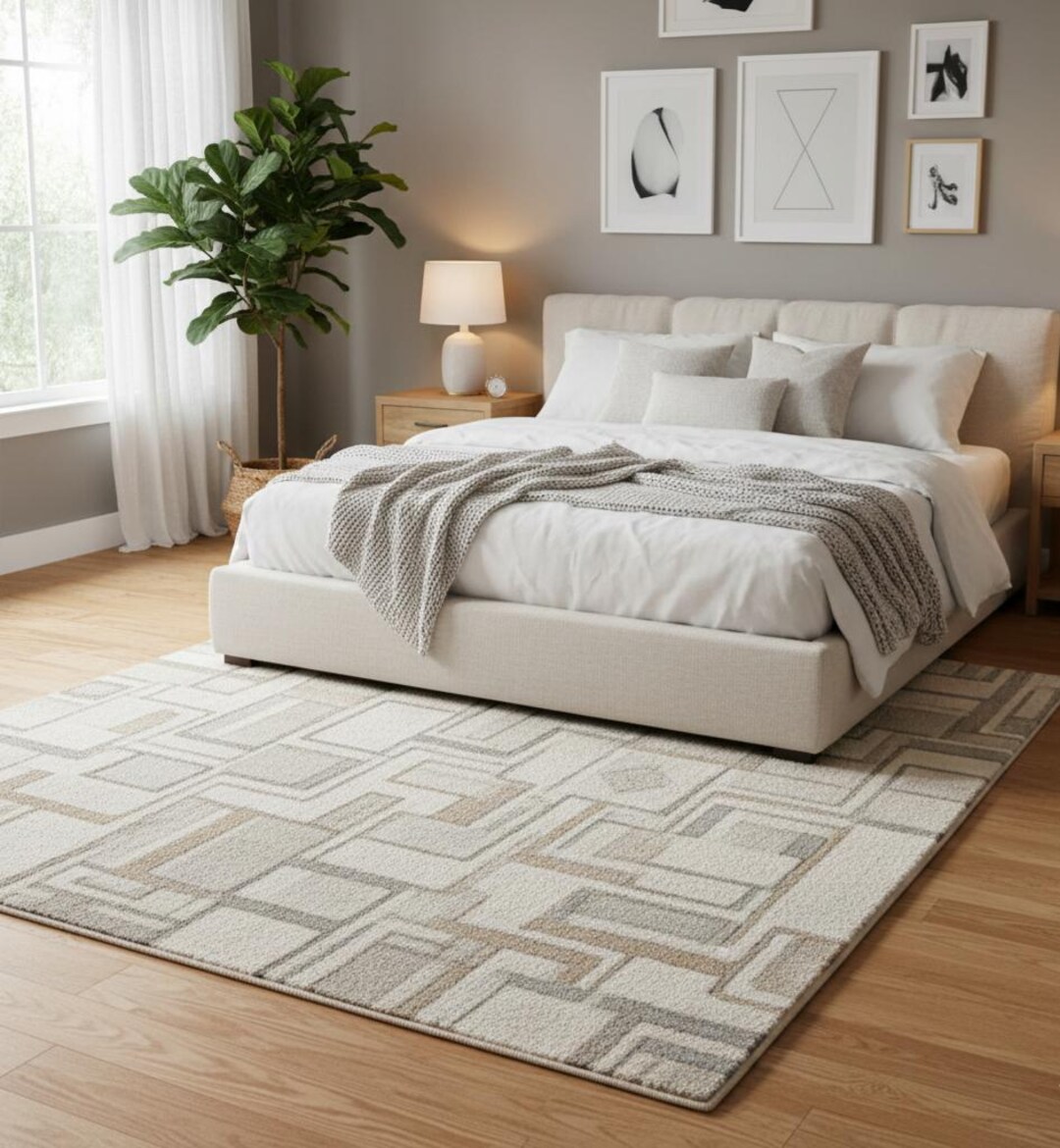 Square Neutral Rug Simple Elegant Carpets Grey Cream Home Room Floor ...