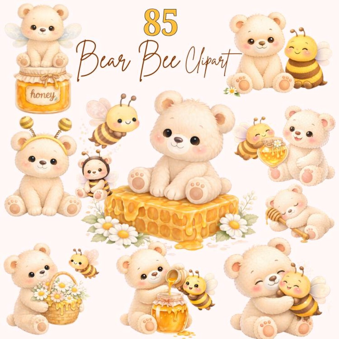 85 + Honey & Bear Bee Clipart Pack, Watercolor Bee Clipart, Cute Bear ...