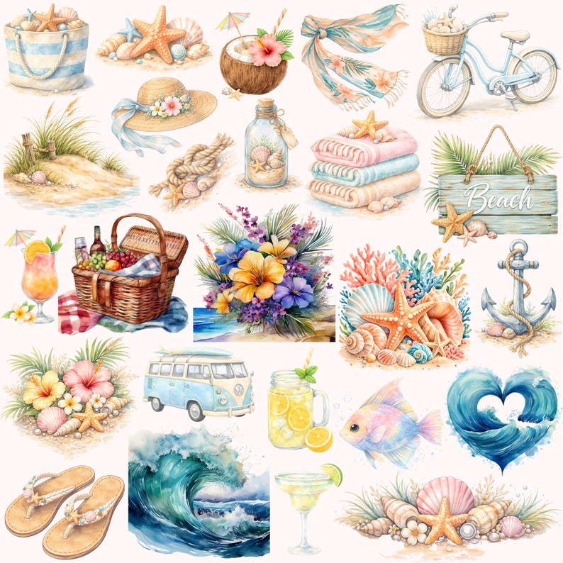 110 + Watercolor Summer Clipart's Bundle, Tropical Vacation Clipart ...