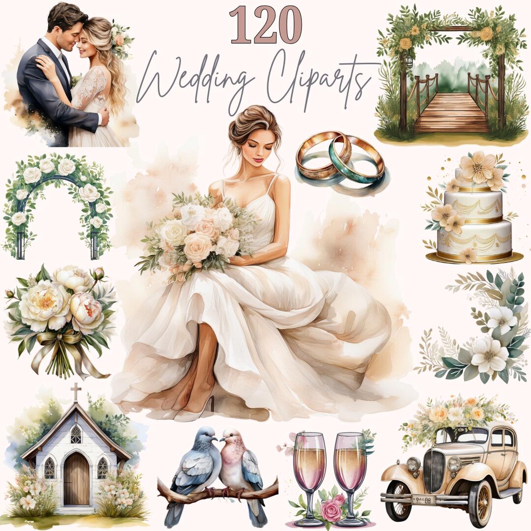 120 + Wedding Clipart Bundle, Wedding Elements Clipart PNG, Wedding ...