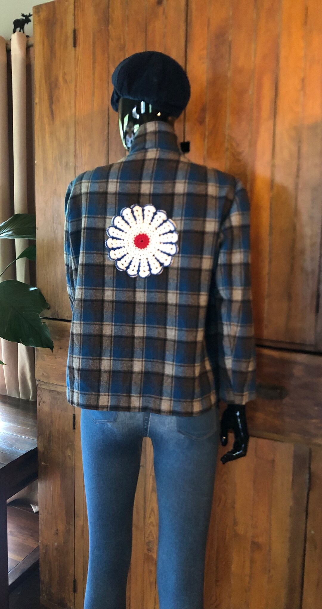 Upcycled Pendleton Wool Jacket: Teal Gray Plaid, Vintage Doily - Etsy