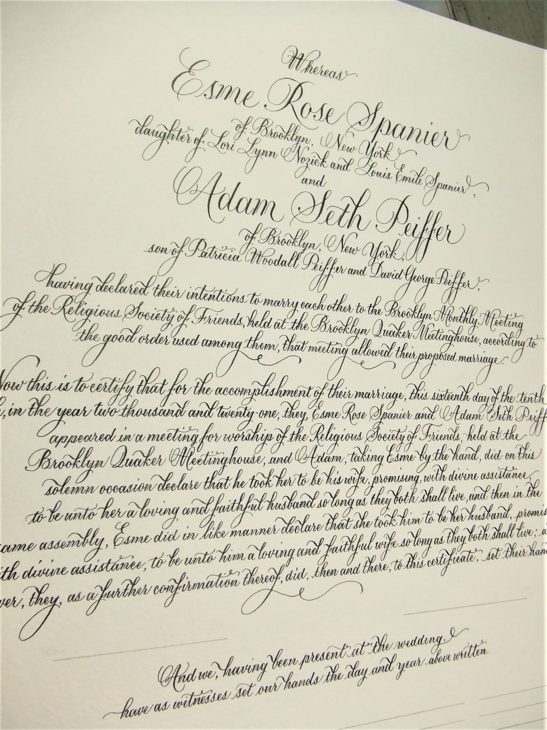 Traditional Quaker Marriage Certificate Hand Lettered With Beautiful ...
