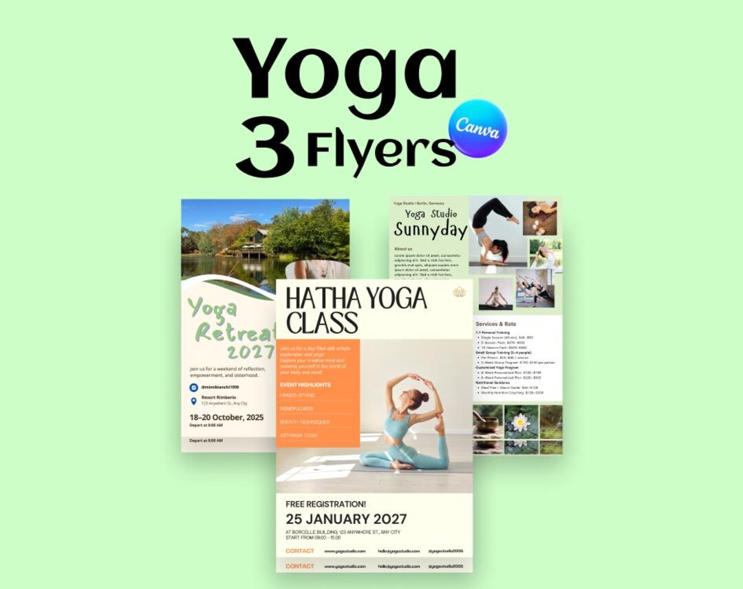 Yoga Studio Template Bundle | 3-page Canva Pack | Yoga Studio Handout ...