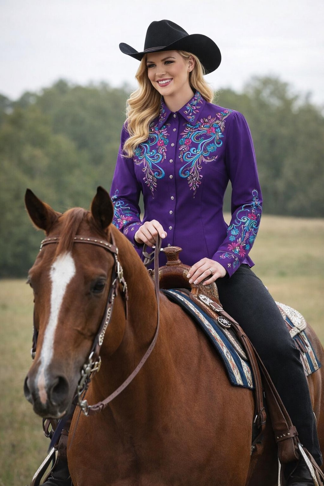 Women’s Purple Western Showmanship Shirt – Floral Embroidered Rodeo ...