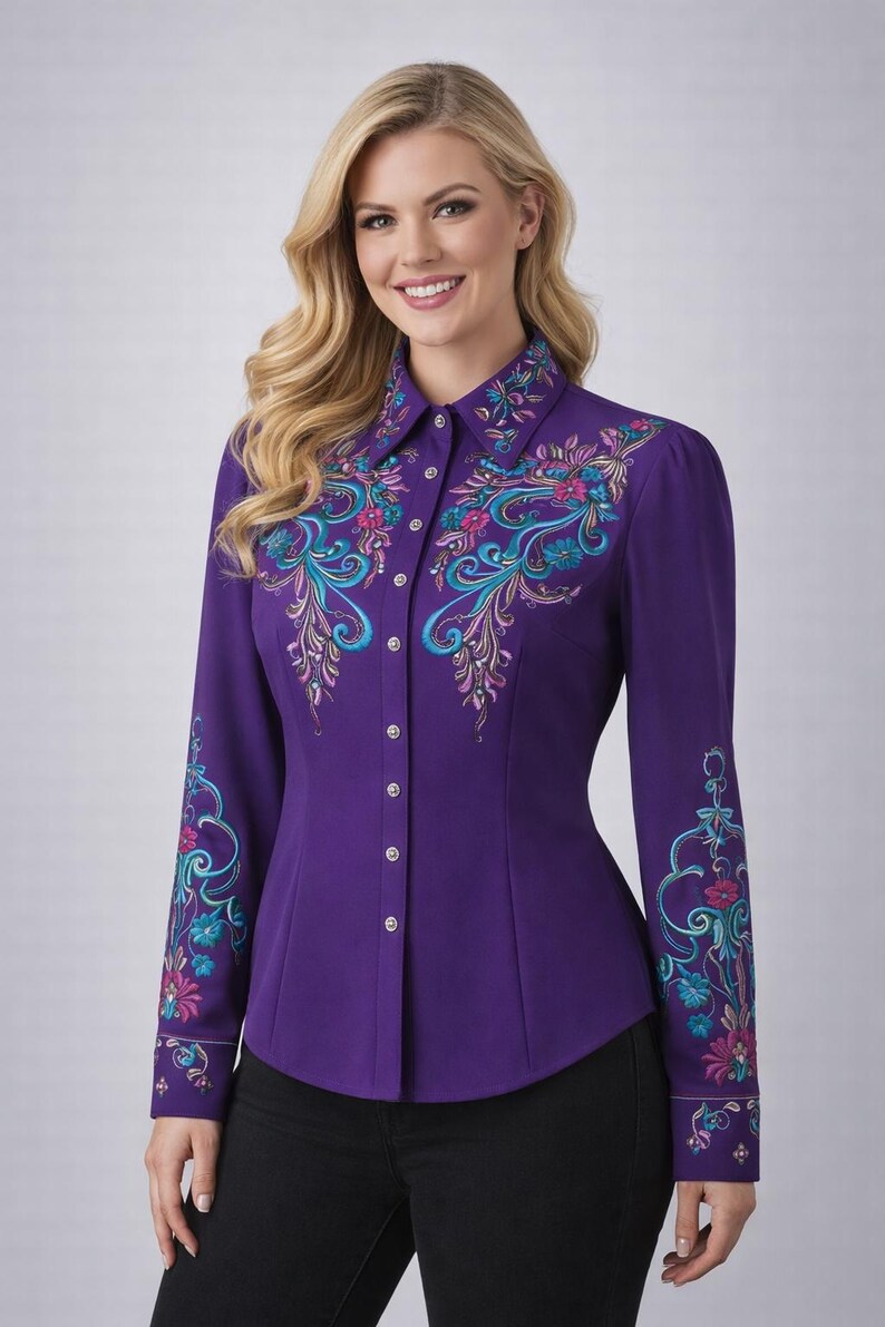 Women’s Purple Western Showmanship Shirt – Floral Embroidered Rodeo ...