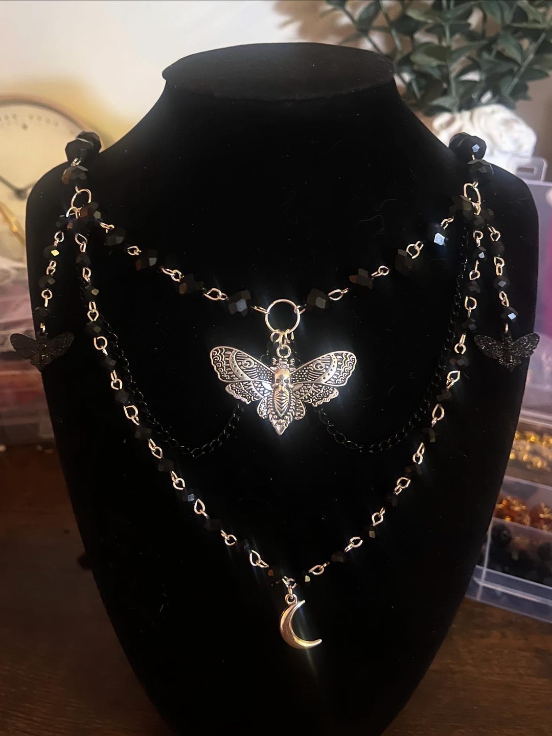 Handmade Gothic Moth Necklace: Black and Silver Beaded Luna and Moth ...