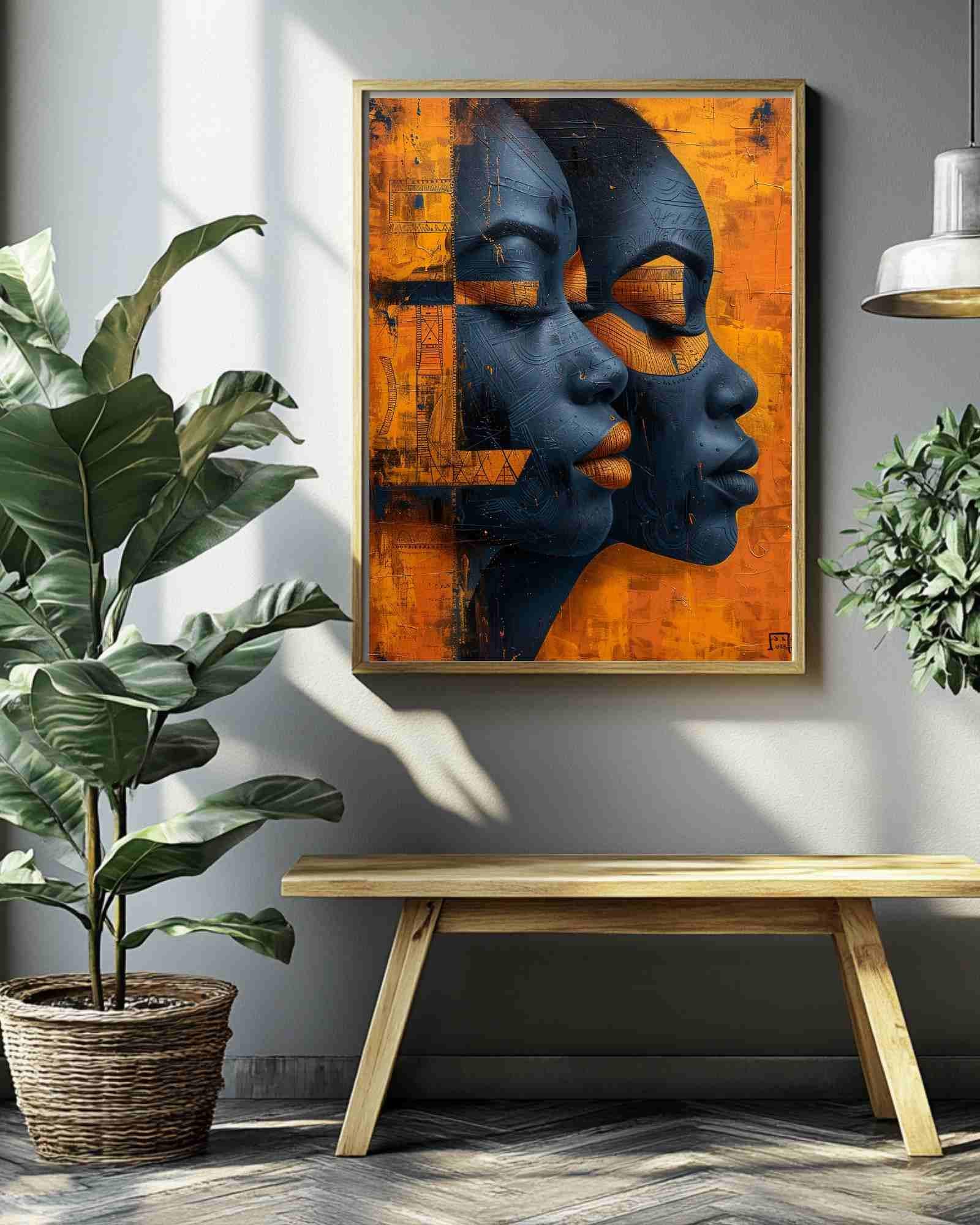 Abstract Afrocentric Art Print - Vibrant Dual Portrait in Blue and ...