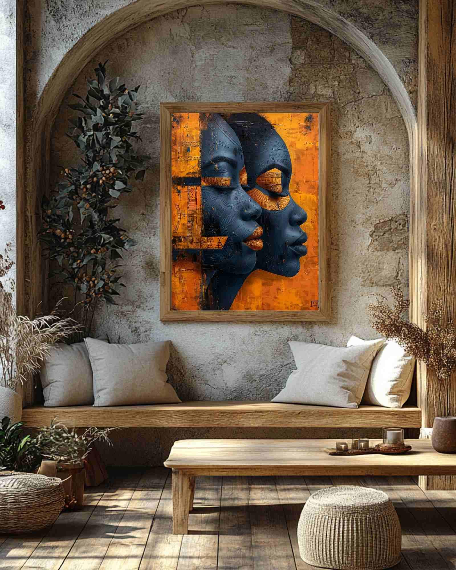 Abstract Afrocentric Art Print - Vibrant Dual Portrait in Blue and ...