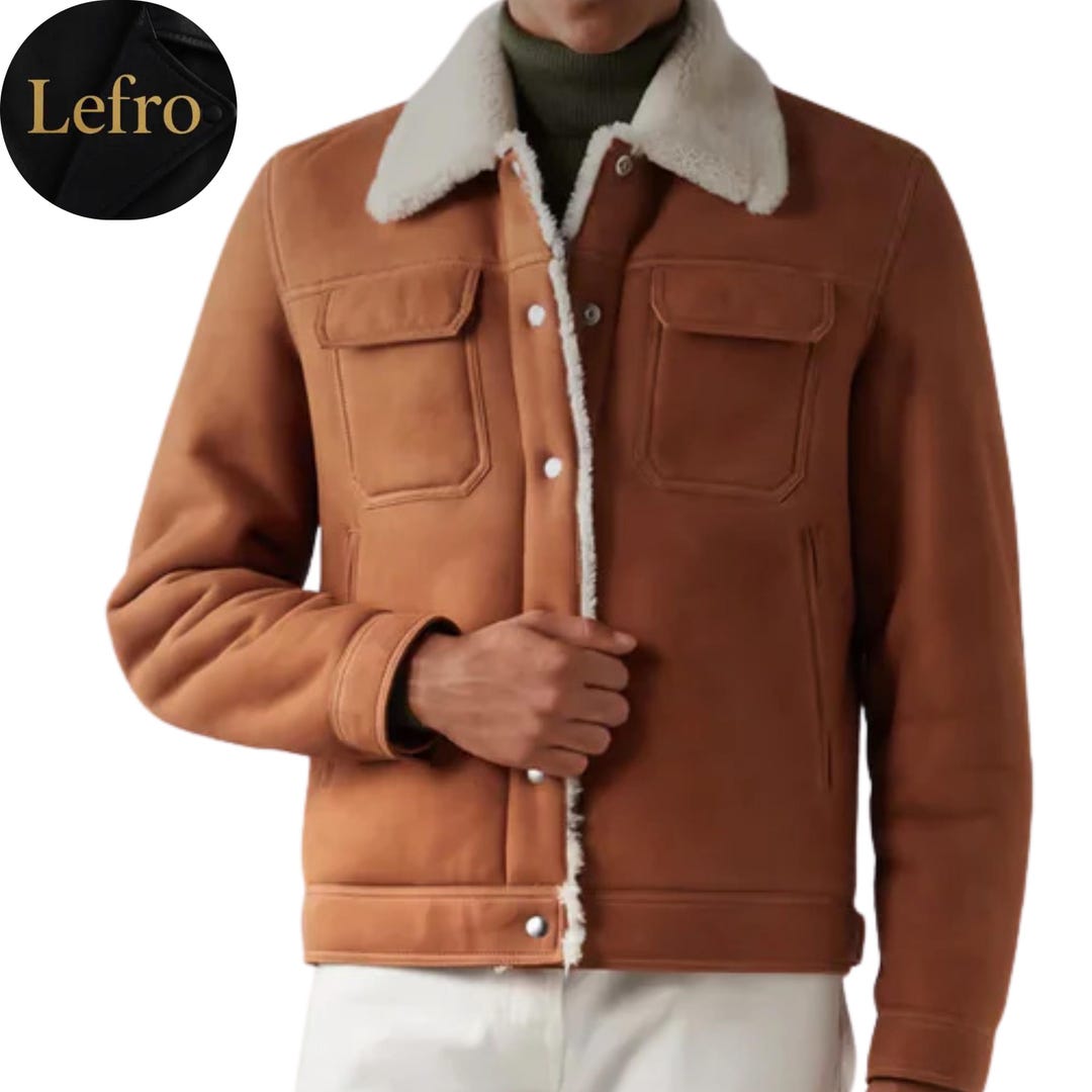 Men’s Handmade Suede Shearling Leather Trucker Jacket - Etsy